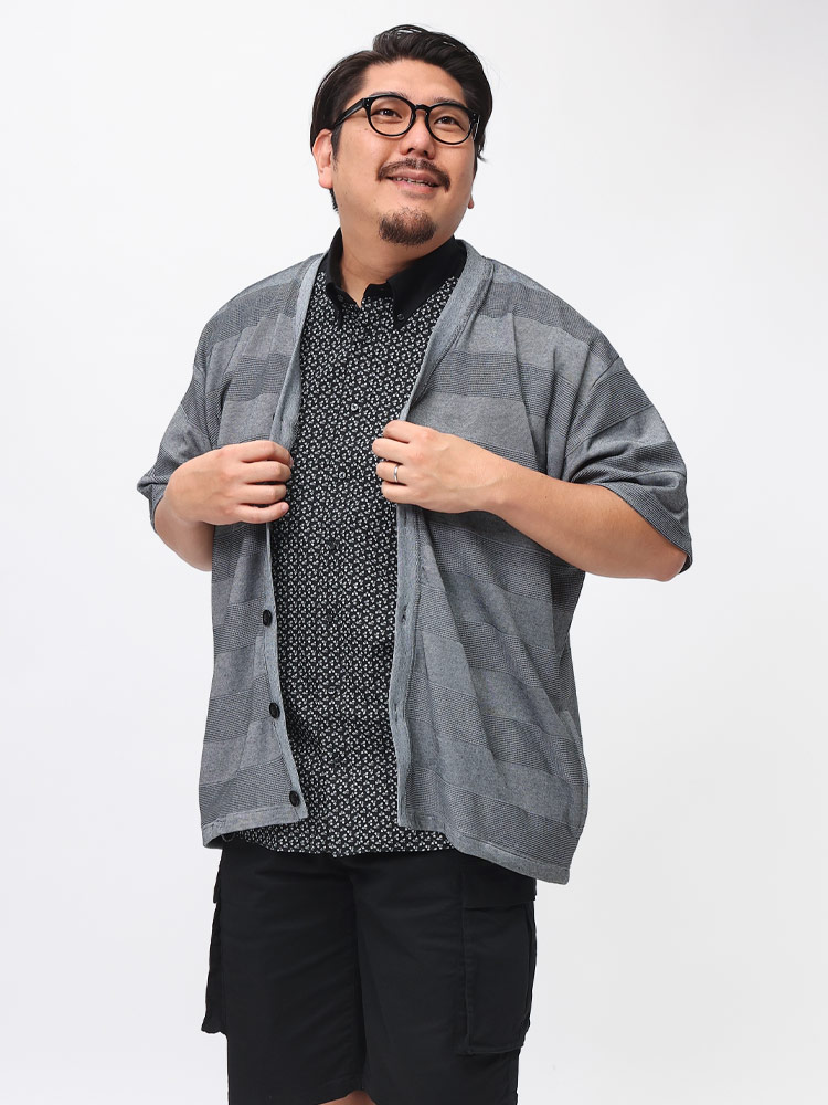 PLEGGI (プレッジ) ボーダー柄 ジャガード ポケット付き 半袖 カーディガン 64434502 3L 4L 5L 6L トップス カーディガン | 大きいサイズの服【サカゼン公式通販】