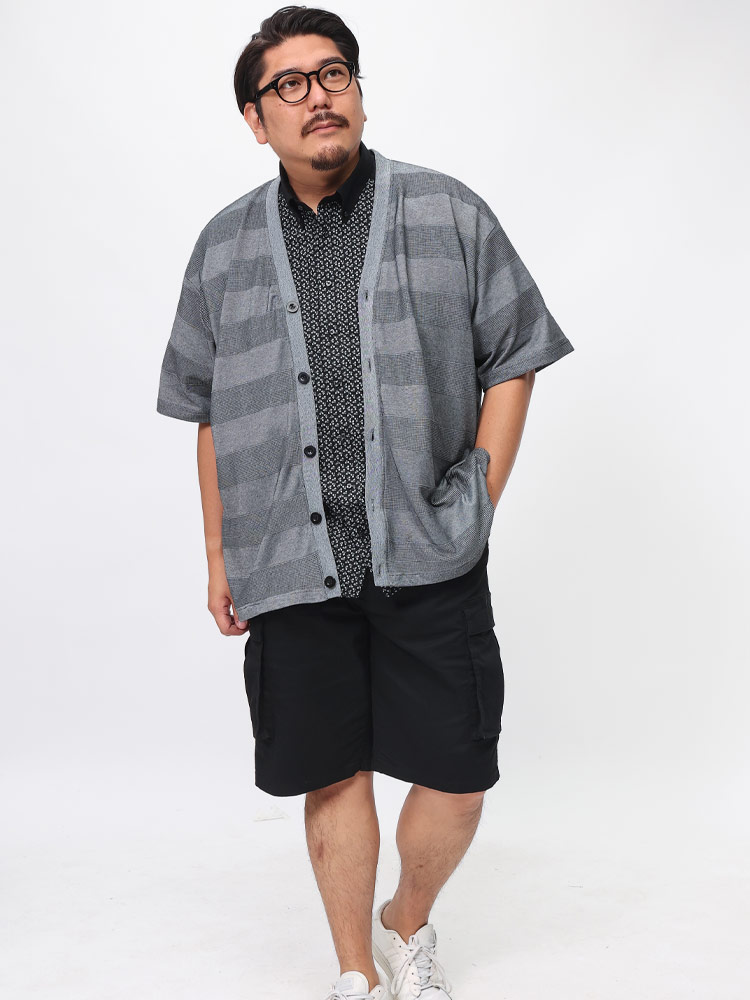 PLEGGI (プレッジ) ボーダー柄 ジャガード ポケット付き 半袖 カーディガン 64434502 3L 4L 5L 6L トップス カーディガン | 大きいサイズの服【サカゼン公式通販】